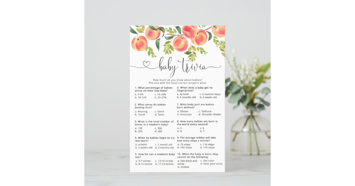 Sweet little peach baby trivia baby shower game | Zazzle