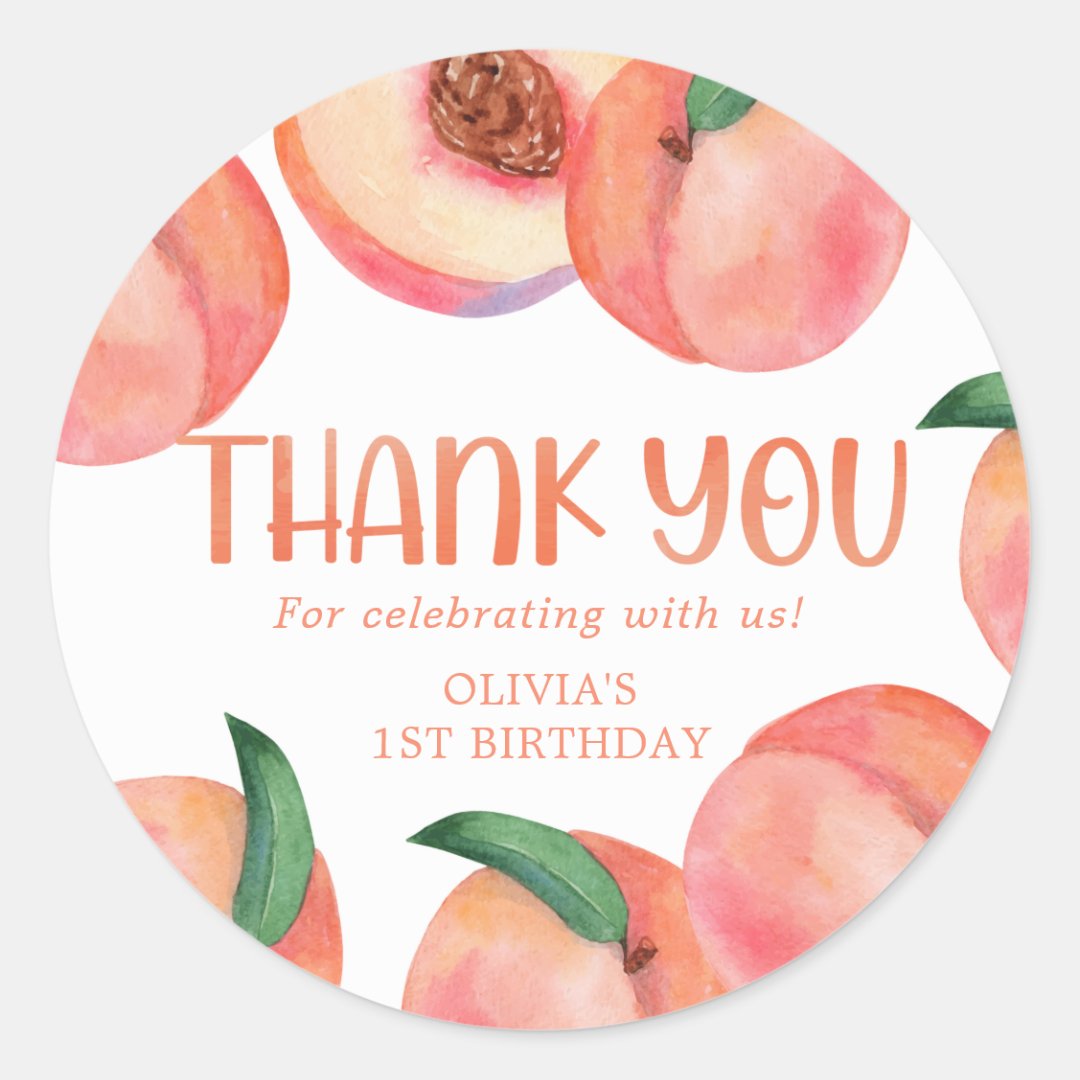 Sweet Little Peach Birthday Thank you Classic Round Sticker | Zazzle