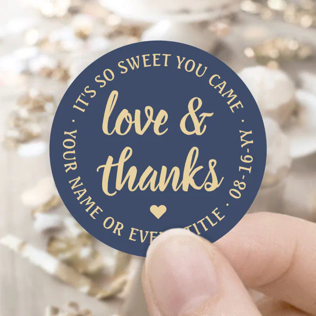 Sweet Love & Thanks Navy Blue & Gold Simple Script Classic Round ...
