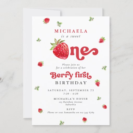 Sweet One Berry First Birthday Strawberry Gingham Invitation | Zazzle