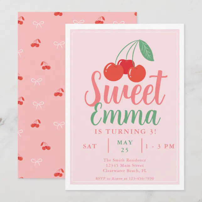 Sweet One Cherry 3rd Birthday Invitation | Zazzle