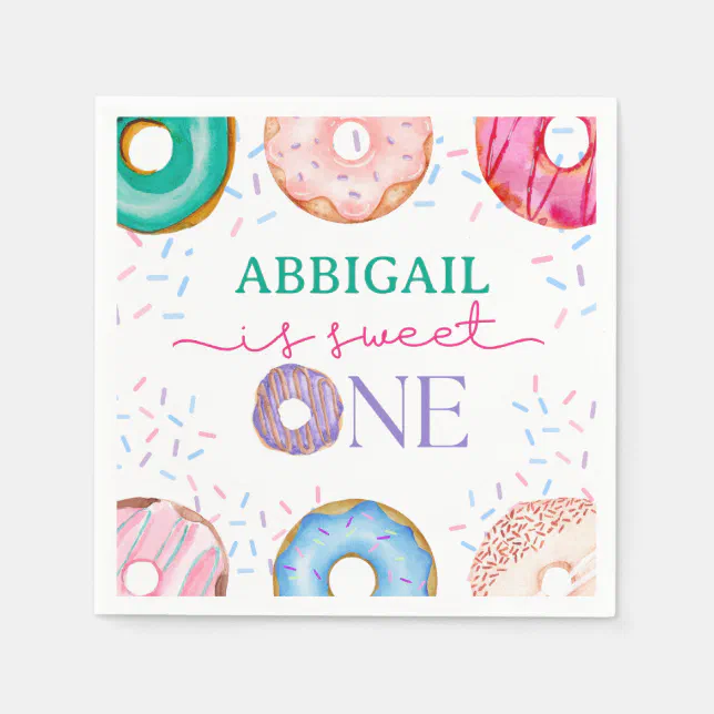 Sweet One Donut Pink Frosting Girl's 1st Birthday Napkins | Zazzle