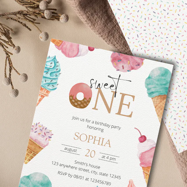 Sweet One Ice Cream First Birthday Party Girl Invitation | Zazzle