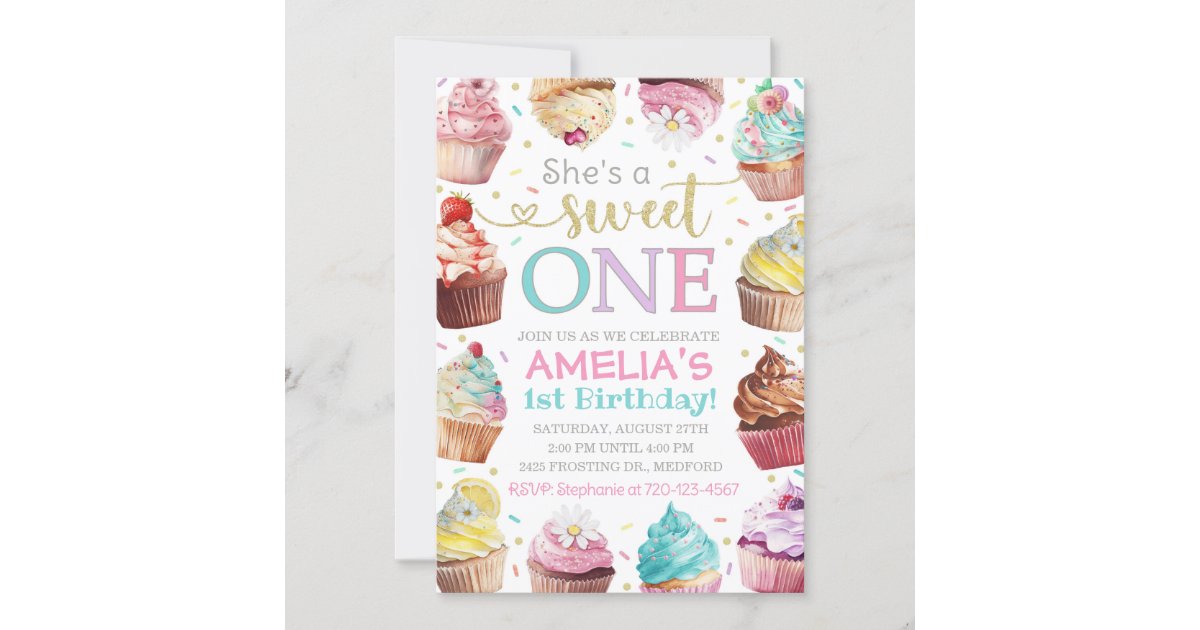 Sweet One Invitation, Cupcake Invitation | Zazzle