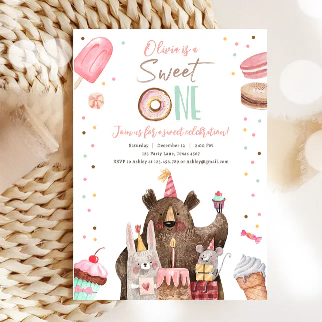 Sweet One Party Animals Donut Girl First Birthday Invitation | Zazzle