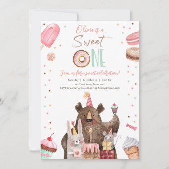 Sweet One Party Animals Donut Girl First Birthday Invitation | Zazzle