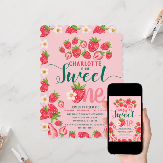Sweet One Pink Strawberry Cute 1st Birthday Party Invitation | Zazzle