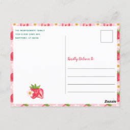 Sweet One Pink Strawberry Cute 1st Birthday Party Postcard | Zazzle