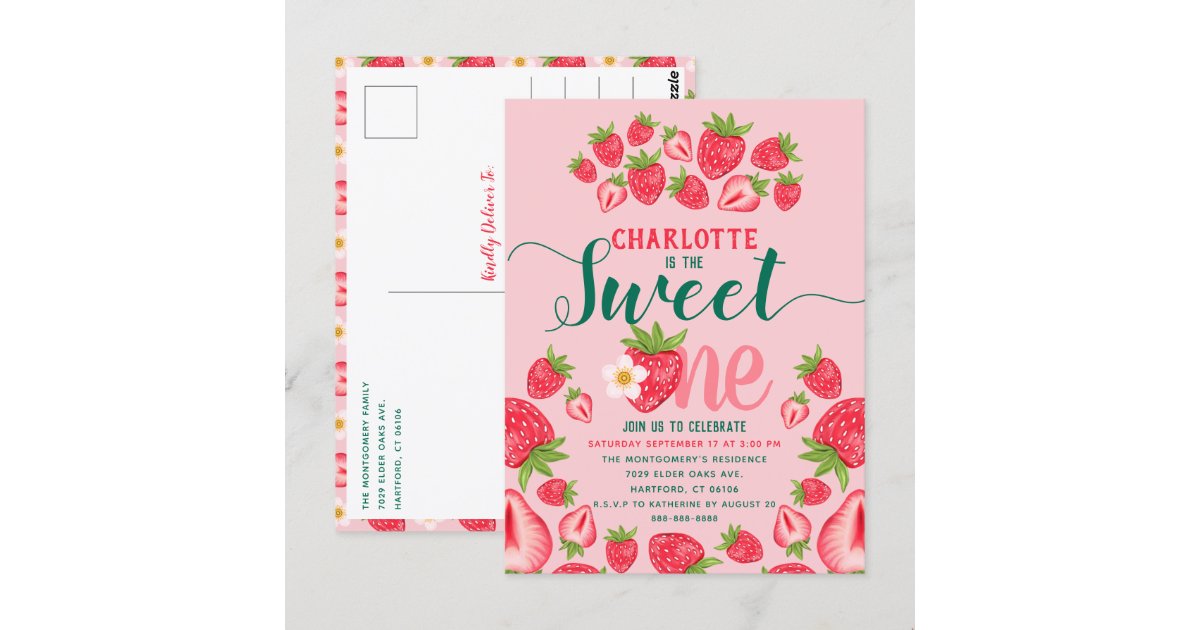 Sweet One Pink Strawberry Cute 1st Birthday Party Postcard | Zazzle