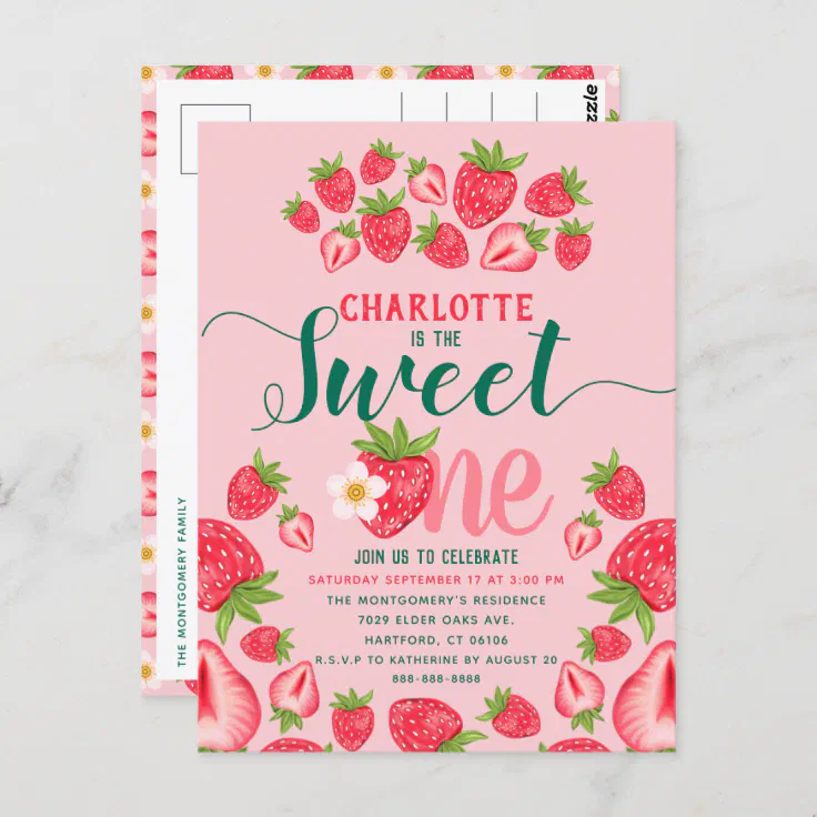 Sweet One Pink Strawberry Cute 1st Birthday Party Postcard | Zazzle