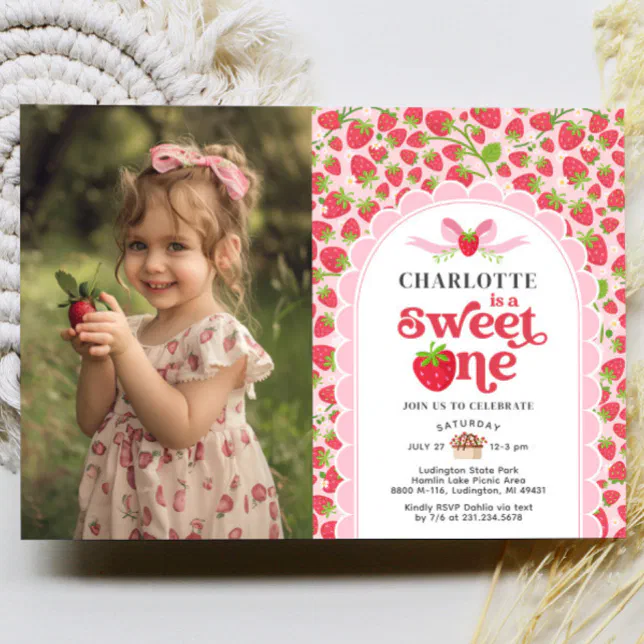 Sweet One Strawberry 1st Birthday Photo Invitation | Zazzle