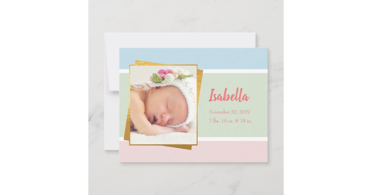 Sweet Pastel Baby Girl Photo Birth Record Stat Note Card | Zazzle
