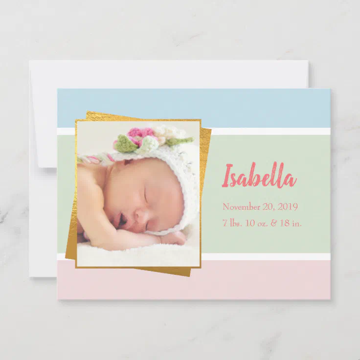 Sweet Pastel Baby Girl Photo Birth Record Stat Note Card | Zazzle