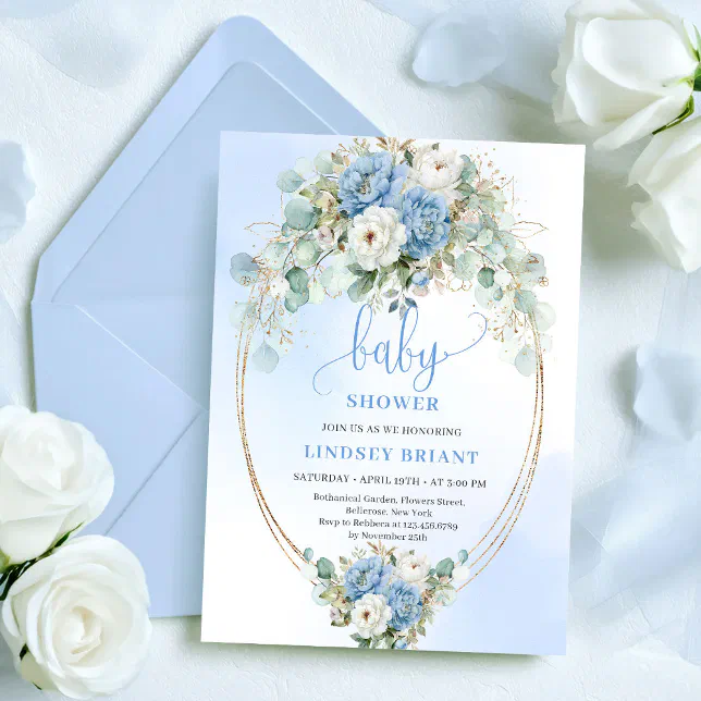 Sweet Pastel Blue Peonies Baby Shower Gold Invite | Zazzle