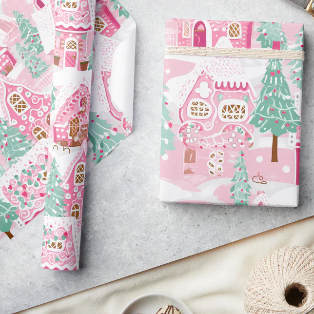Sweet Pastel Pink Gingerbread Village Christmas Wrapping Paper | Zazzle