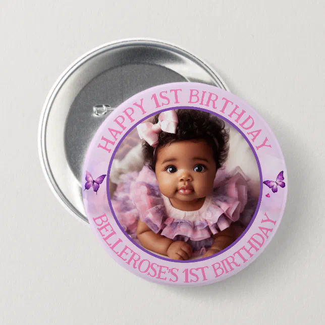 Sweet Pastel Pink/Purple 1st Birthday Photo Button | Zazzle