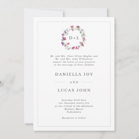 Sweet Pea Floral Wreath Monogram Wedding Invitation | Zazzle.com