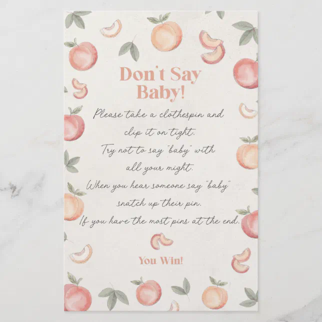 sweet peach boho dont say baby shower game | Zazzle