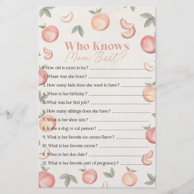 sweet peach who knows mom best baby shower game | Zazzle