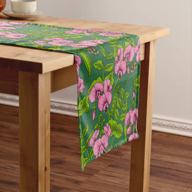 Sweet peas and bumblebees, green and pink short table runner | Zazzle