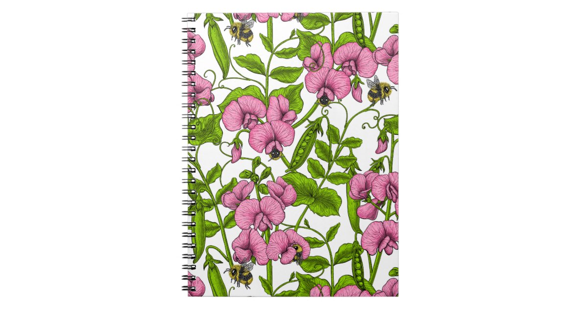Sweet peas and bumblebees, pink, green and white notebook | Zazzle