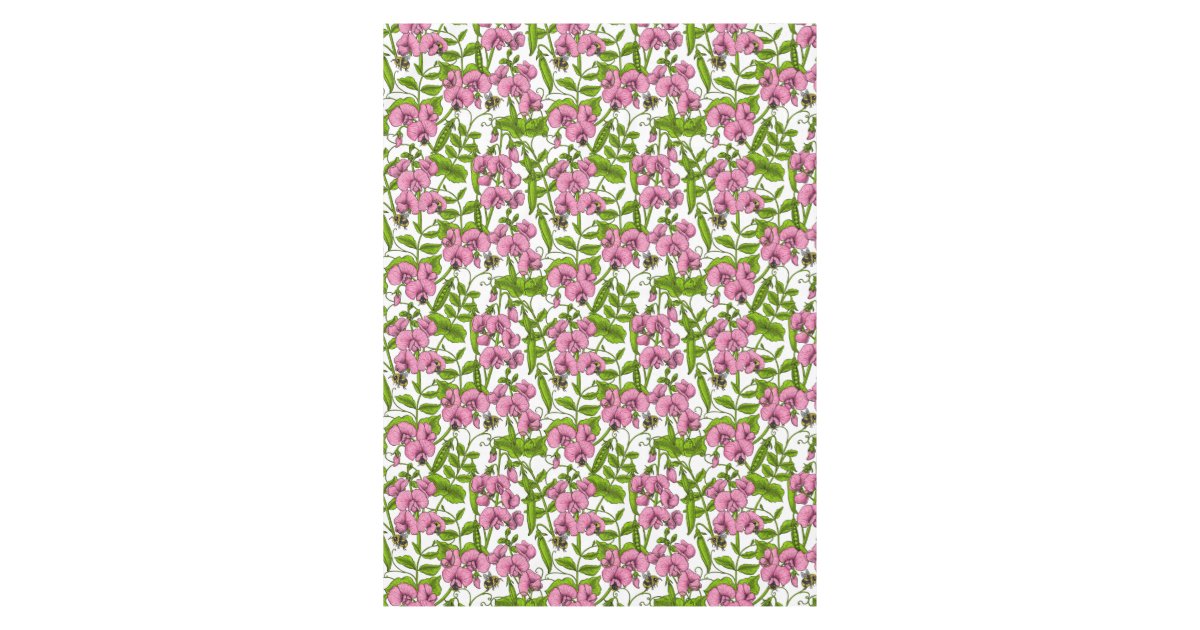 Sweet peas and bumblebees, pink, green and white tablecloth | Zazzle