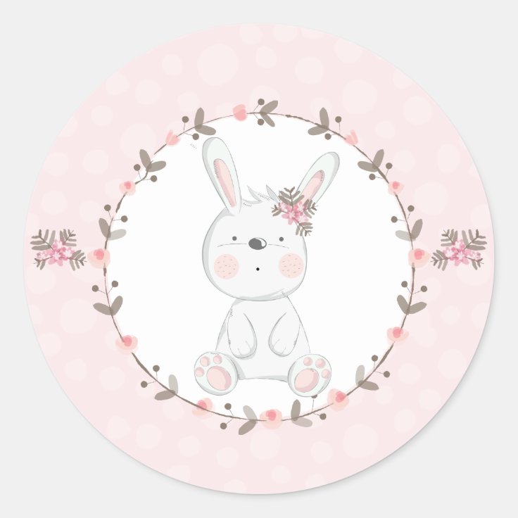 Sweet Pink Baby Bunny Floral Classic Round Sticker | Zazzle