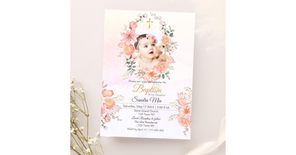 Sweet Pink Floral Baptism Invitation | Zazzle