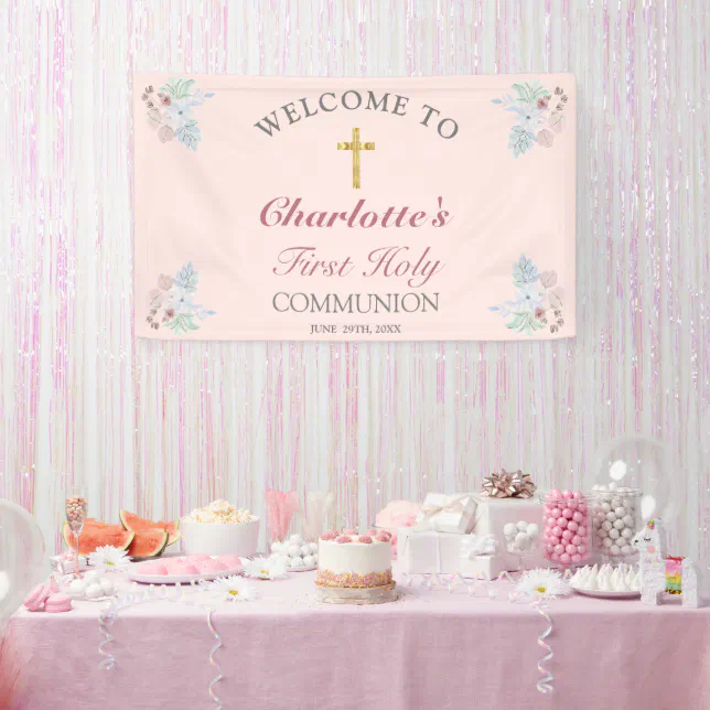 Sweet Pink Floral First Holy Communion Welcome Banner | Zazzle