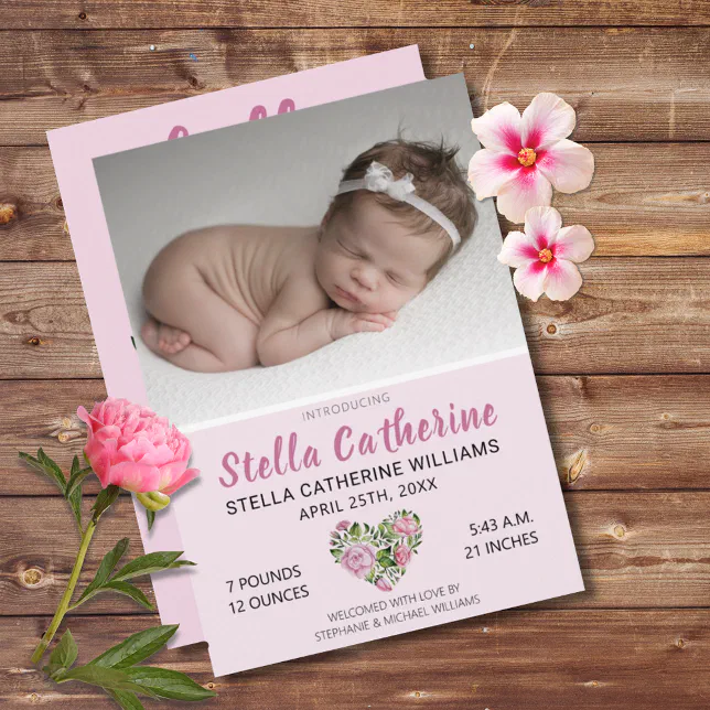 Sweet Pink Floral Heart Baby Photo Birth Announcement | Zazzle
