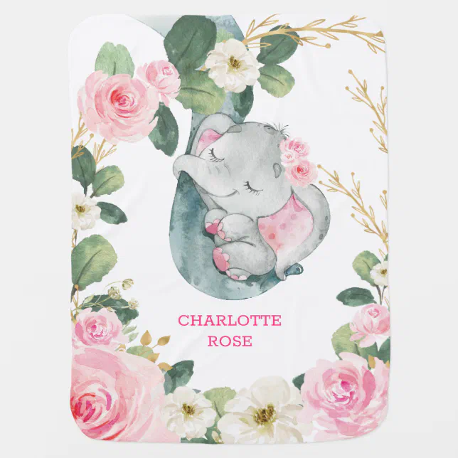 Sweet Pink Floral Sleeping Elephant Girl Nursery Baby Blanket | Zazzle