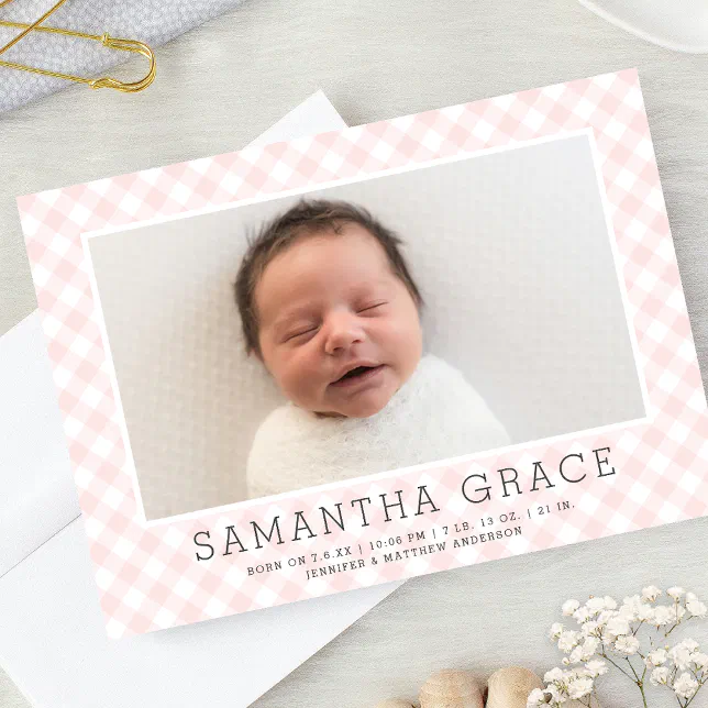 Sweet Pink Gingham Pattern | Birth Announcement | Zazzle