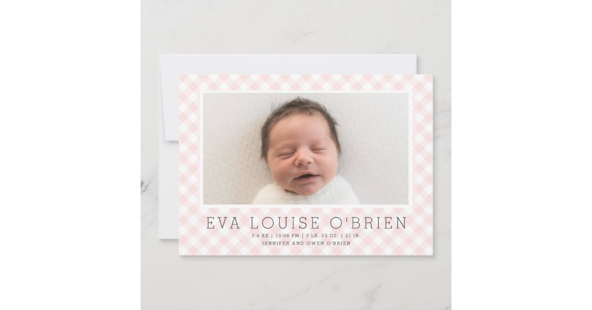 Sweet Pink Gingham Pattern | Birth Announcement | Zazzle