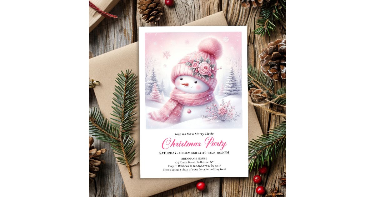 Sweet Pink Snowman Editable Christmas Invite Snowy | Zazzle
