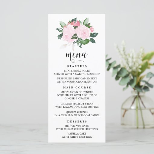 Sweet Pink Watercolor Roses Menu Card | Zazzle