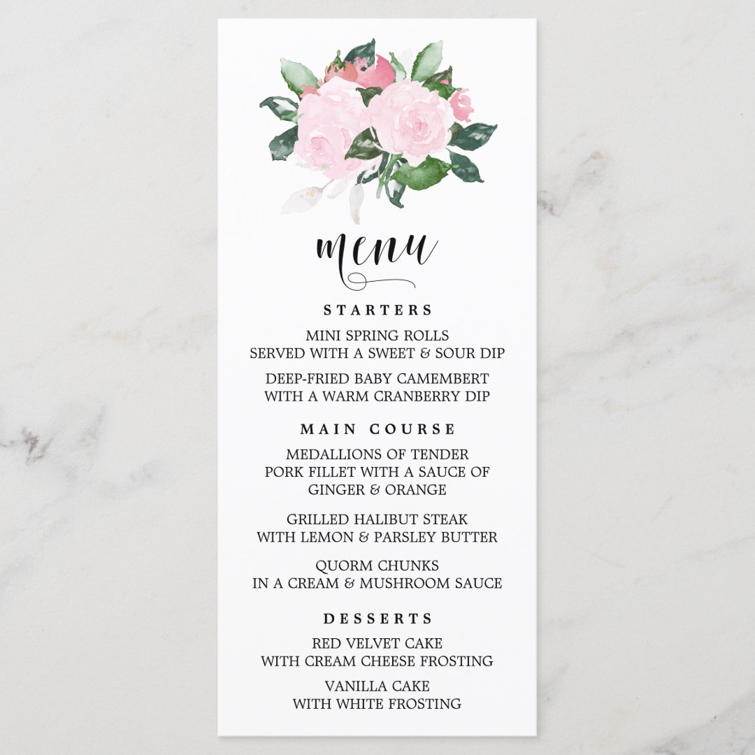 Sweet Pink Watercolor Roses Menu Card | Zazzle