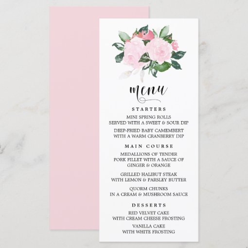 Sweet Pink Watercolor Roses Menu Card | Zazzle
