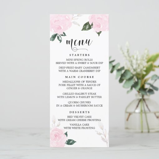 Sweet Pink Watercolor Roses Menu Card II | Zazzle