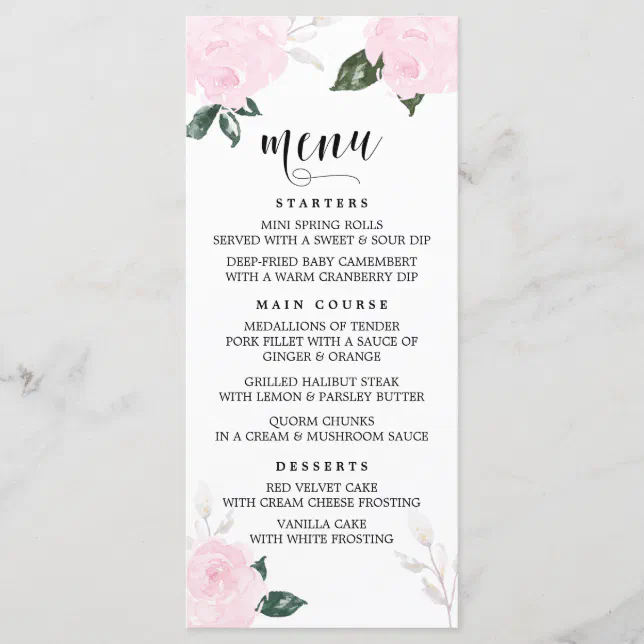 Sweet Pink Watercolor Roses Menu Card II | Zazzle