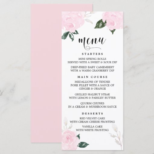 Sweet Pink Watercolor Roses Menu Card II | Zazzle
