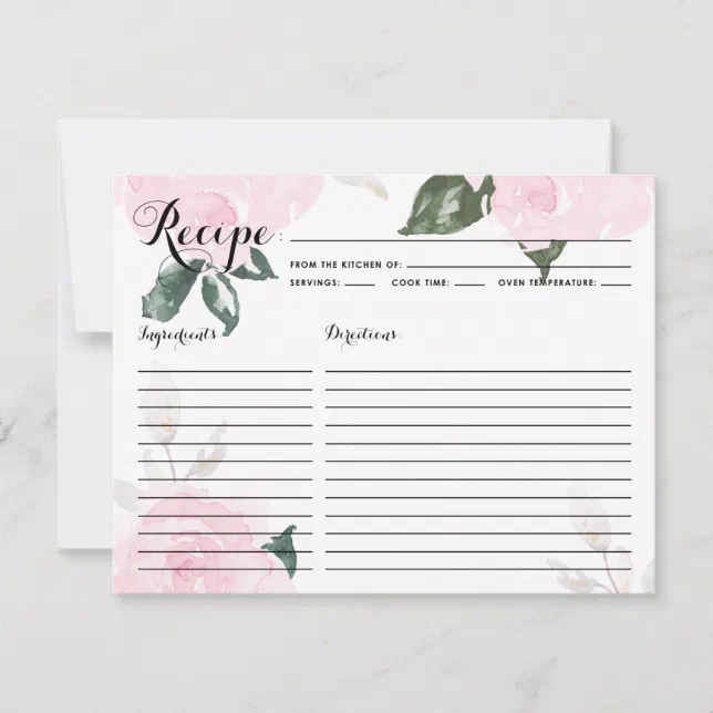Sweet Pink Watercolor Roses Recipe Card | Zazzle