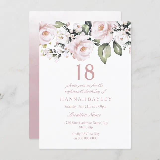 Sweet Pink White Roses Eighteenth 18th Birthday Invitation | Zazzle