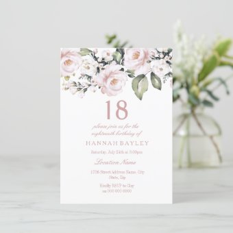 Sweet Pink White Roses Eighteenth 18th Birthday Invitation | Zazzle