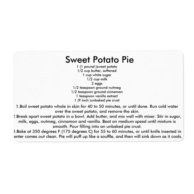 Sweet Potato Pie Recipe Label | Zazzle