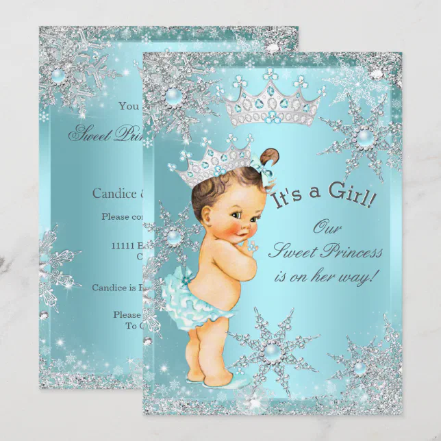 Sweet Princess Girl Baby Shower Teal Brunette Invitation | Zazzle