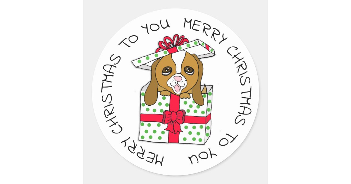 Sweet Puppy Dog in Christmas Gift Box with Bow Classic Round Sticker ...