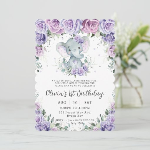 Sweet Purple Floral Adorable Elephant Birthday Invitation | Zazzle