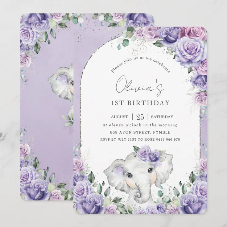 Sweet Purple Lilac Floral Elephant Birthday Party Invitation | Zazzle