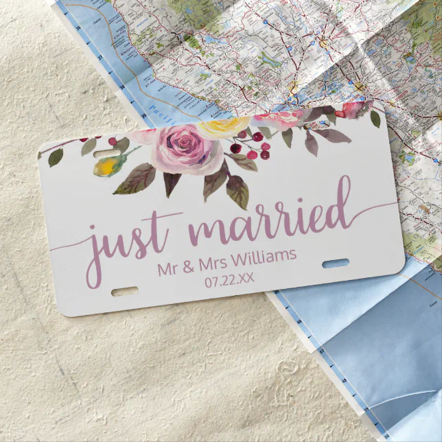 Sweet Rose Watercolor Floral Wedding Just Married License Plate | Zazzle