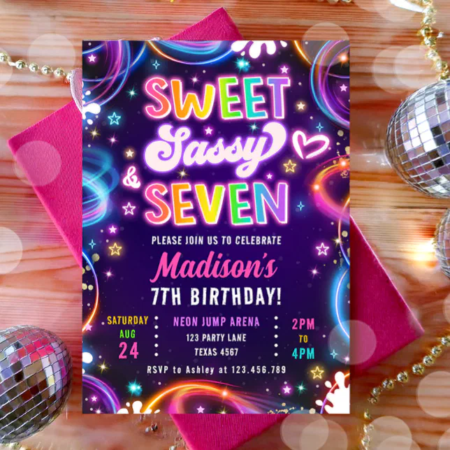 Sweet Sassy and Seven 7th Neon Glow Girl Birthday Invitation | Zazzle